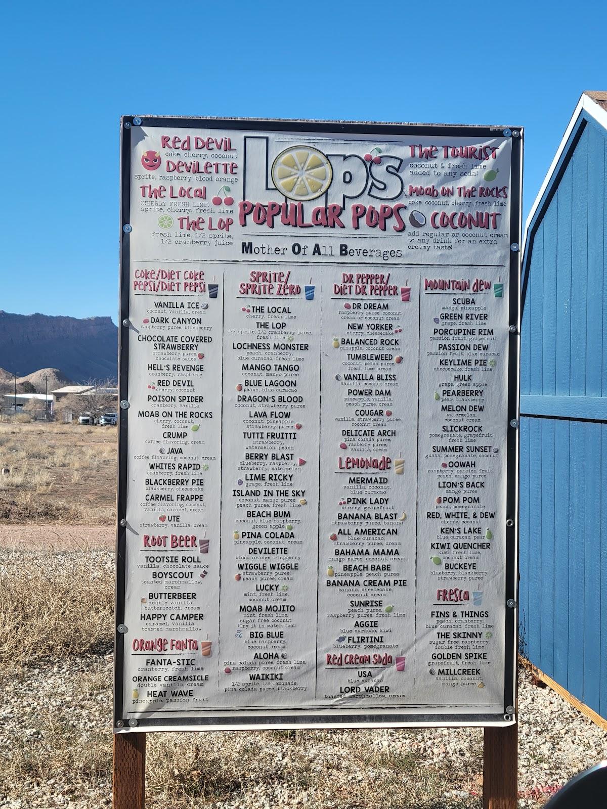 Menu at Lops Pop Shop pub & bar, Moab