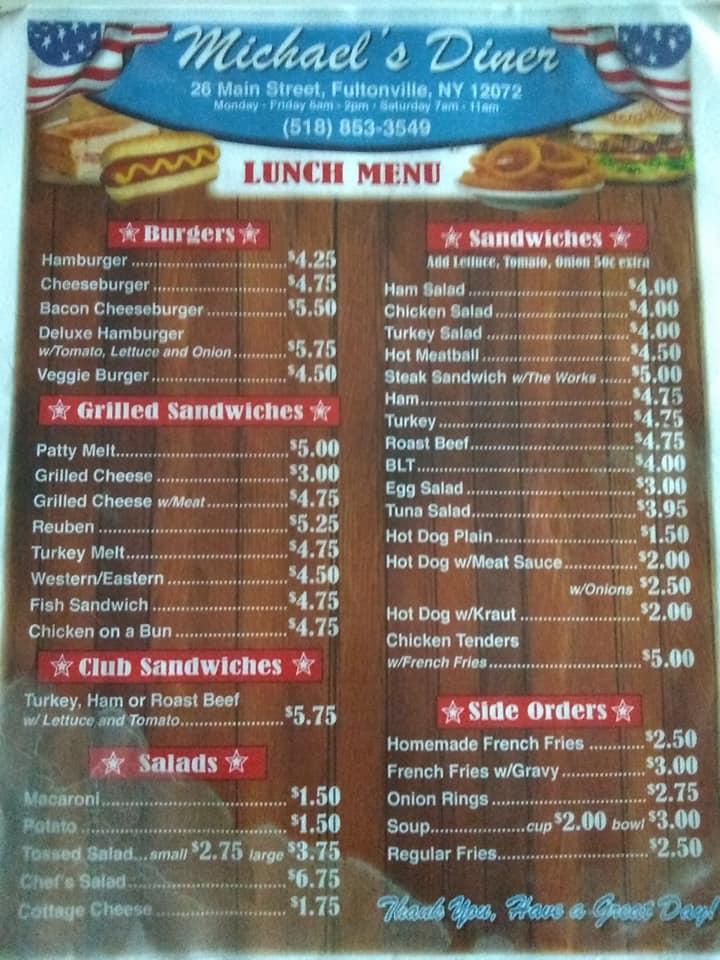 Menu at Michael's Diner restaurant, Fultonville