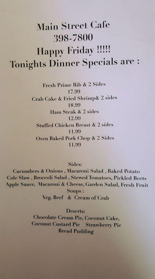 Menu at Main Street Cafe, Harrington