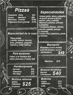 Menu at Panda Pizza restaurant, Tehuacán