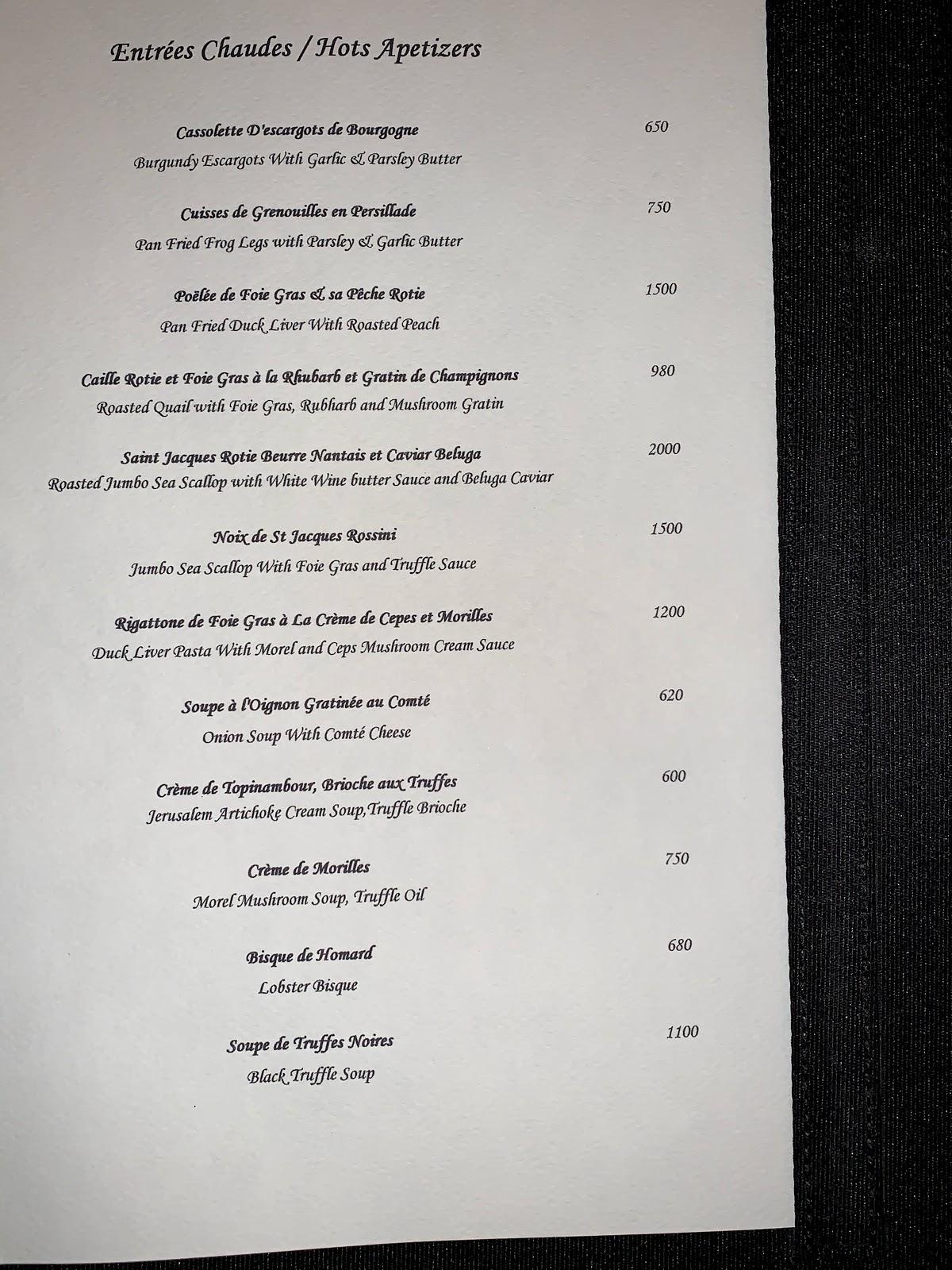 Menu at Philippe restaurant, Bangkok