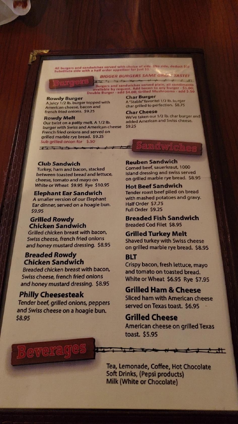 Menu at Rowdy's Steakhouse, Fairbury