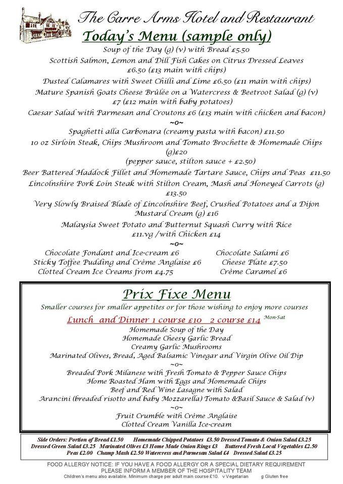 Menu at The Carre Arms Hotel and Restaurant, Sleaford