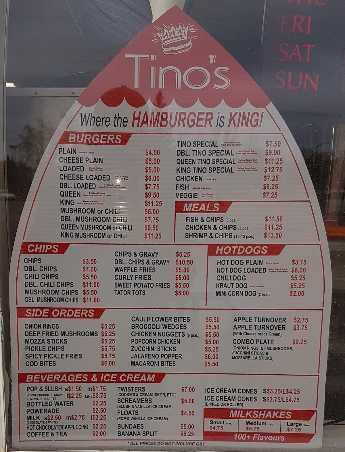 Menu at Tino's fast food, Medicine Hat