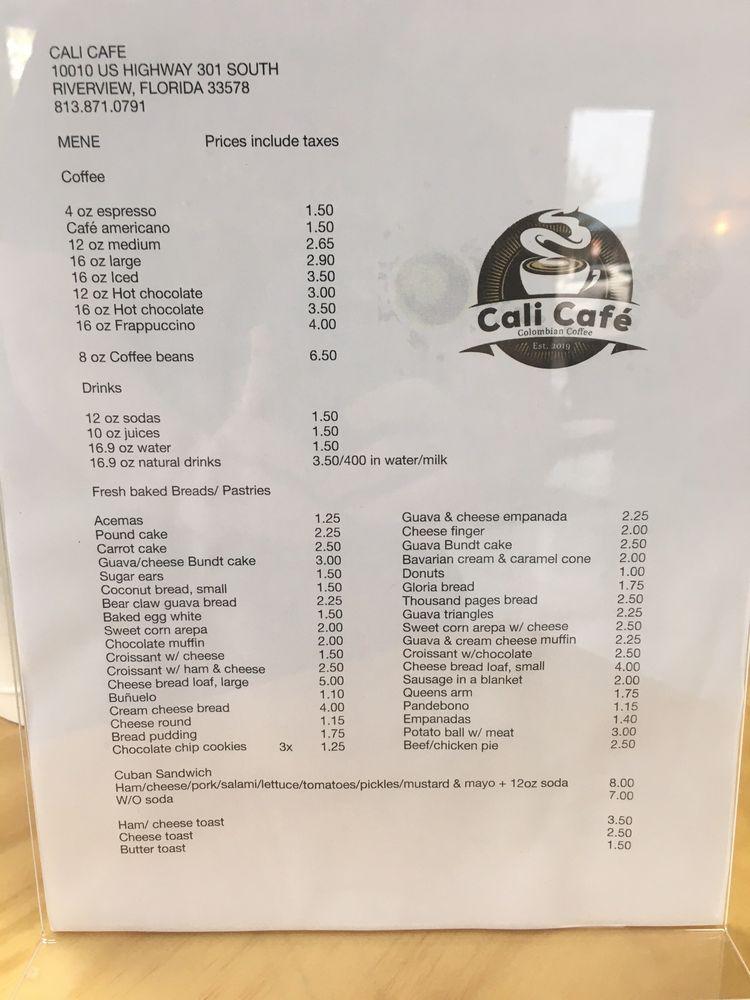 Menu at Cali Cafe, Riverview
