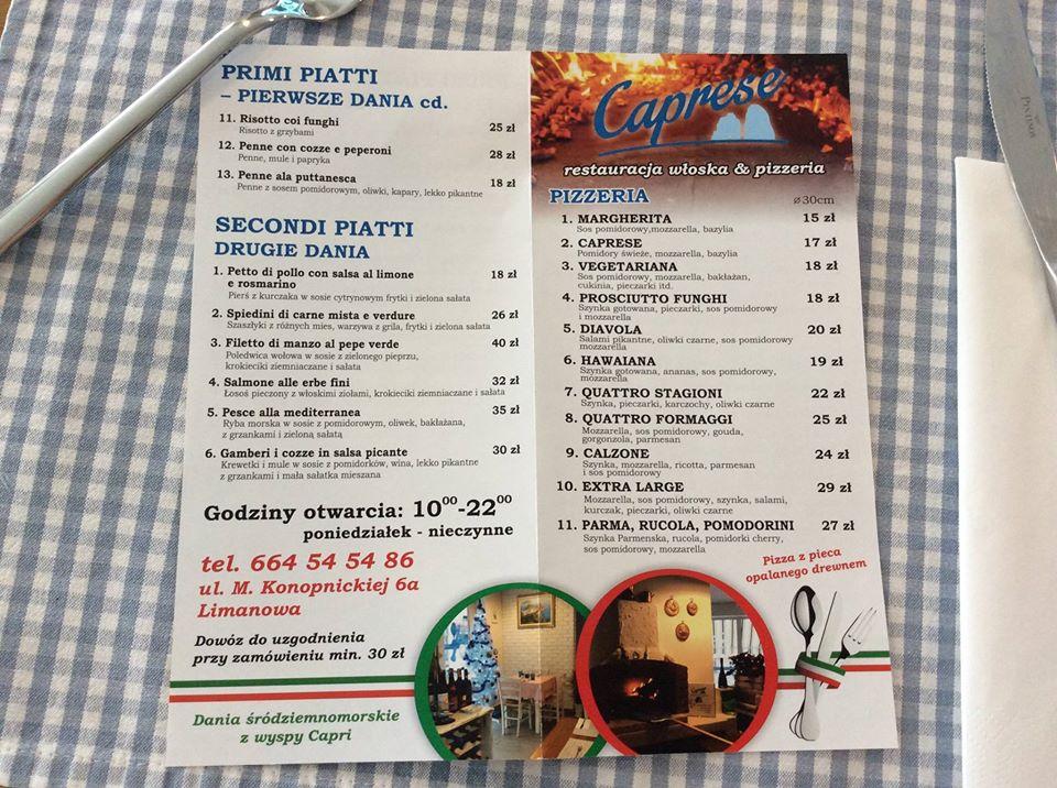 Menu at Caprese Italian Restaurant, Limanowa