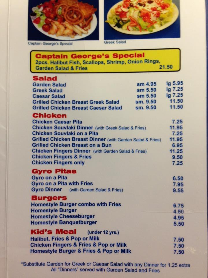 Menu at Captain George's Fish & Chips restaurant, Cobourg