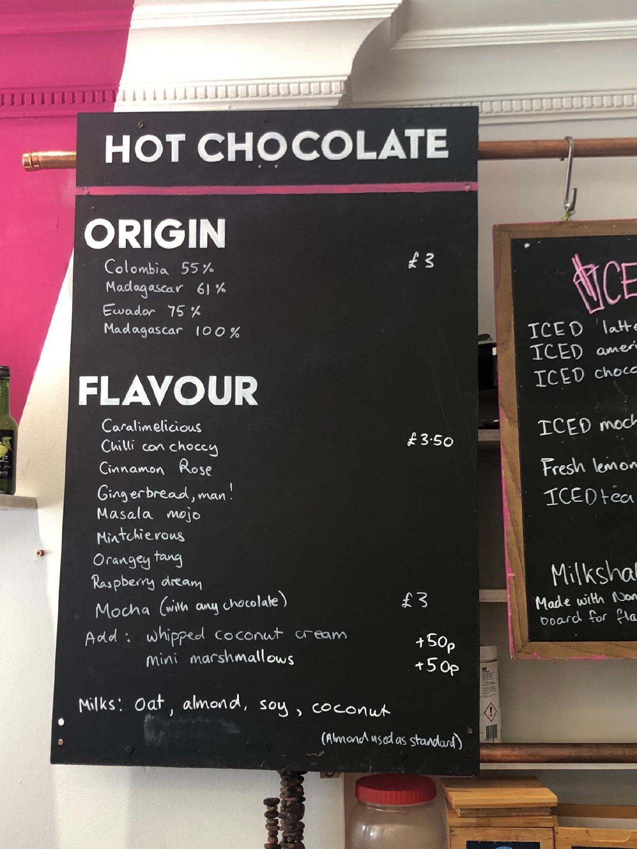 Menu at Copperhouse Chocolate cafe, England