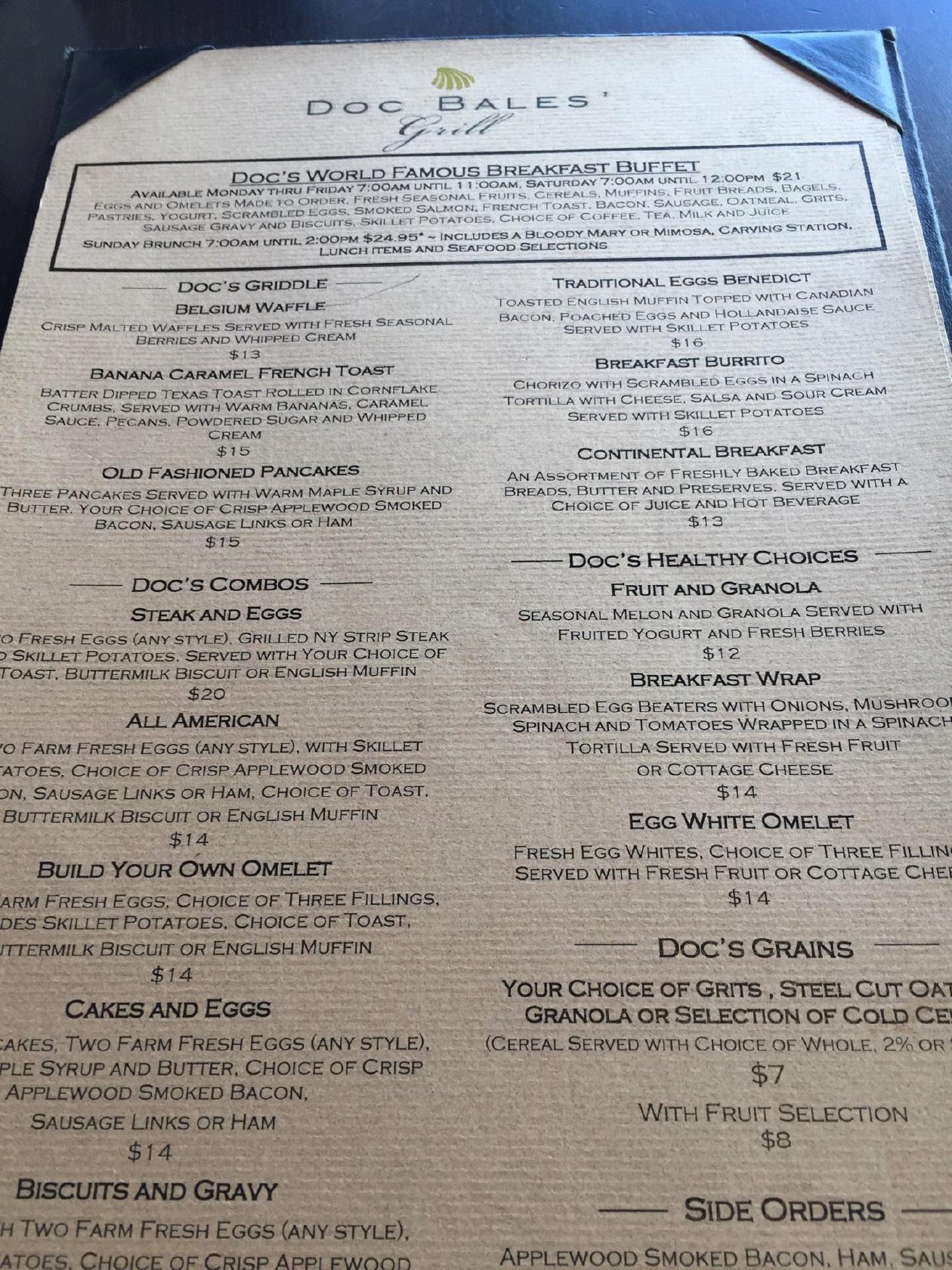 Menu at Doc Bales' Grill restaurant, Daytona Beach