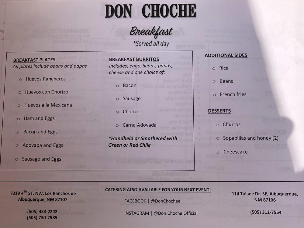 Menu at Don Choche Tacos Y Cerveza restaurant, Los Ranchos de ...