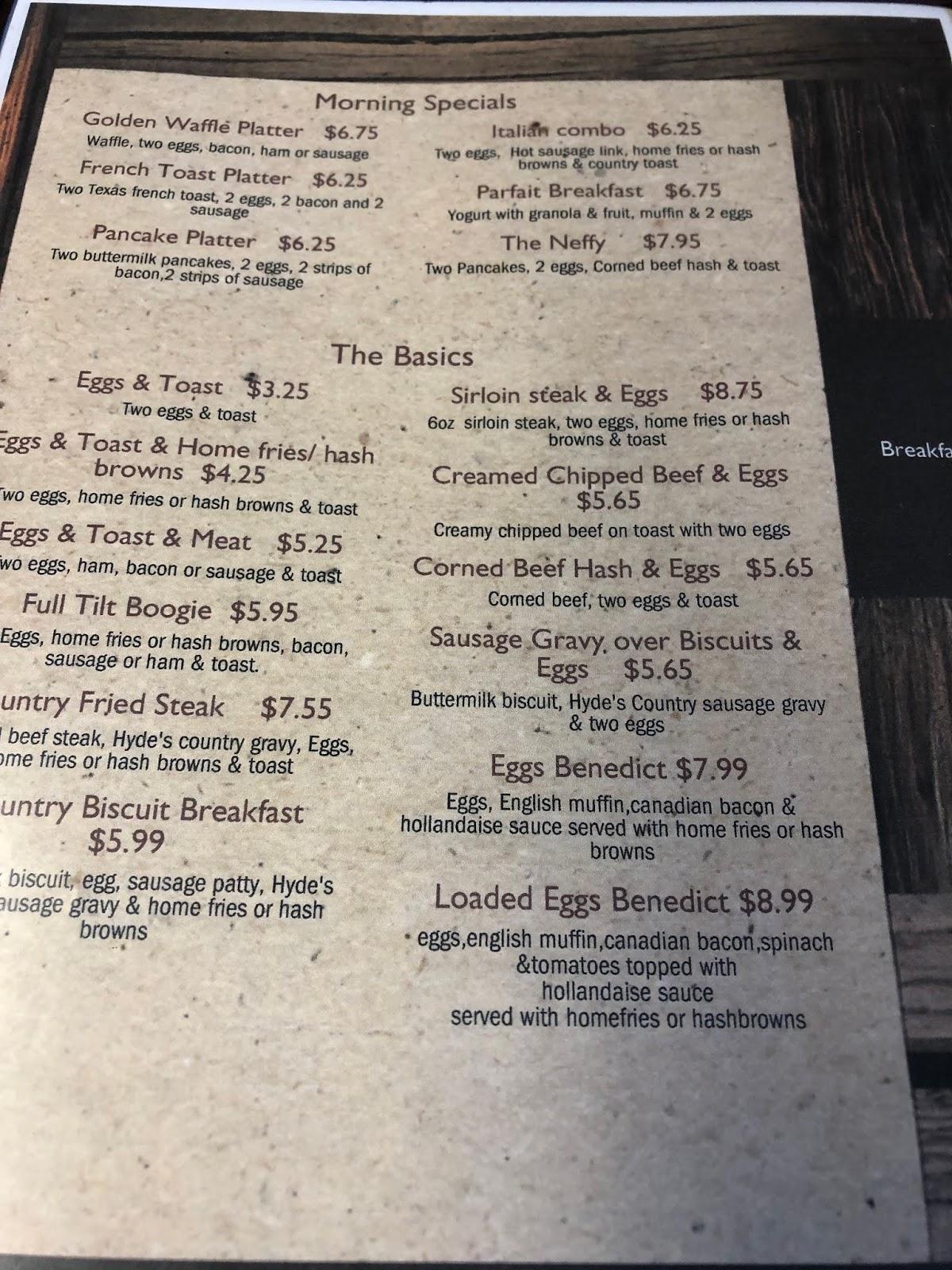 Menu at Hyde's Diner restaurant, Cortland