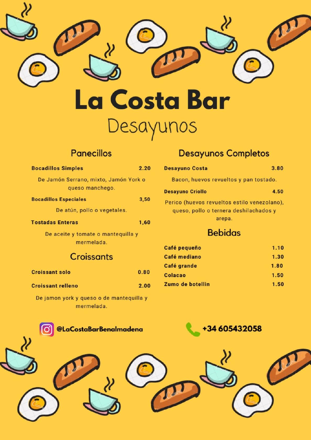 Menu at La Costa Bar, Benalmádena, Av. Antonio Machado