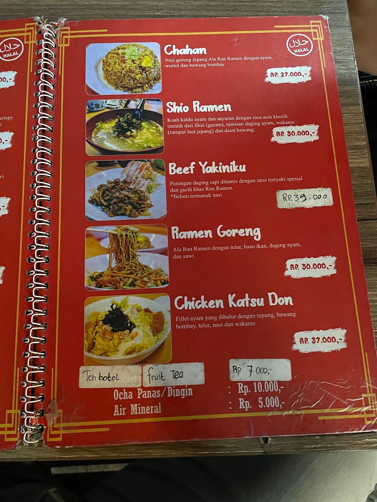 Menu at RAN Ramen restaurant, South Jakarta