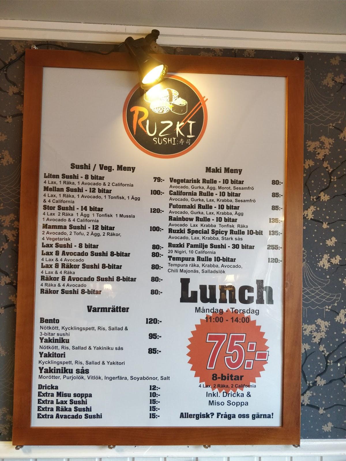Menu at Ruzki Sushi restaurant, Bålsta