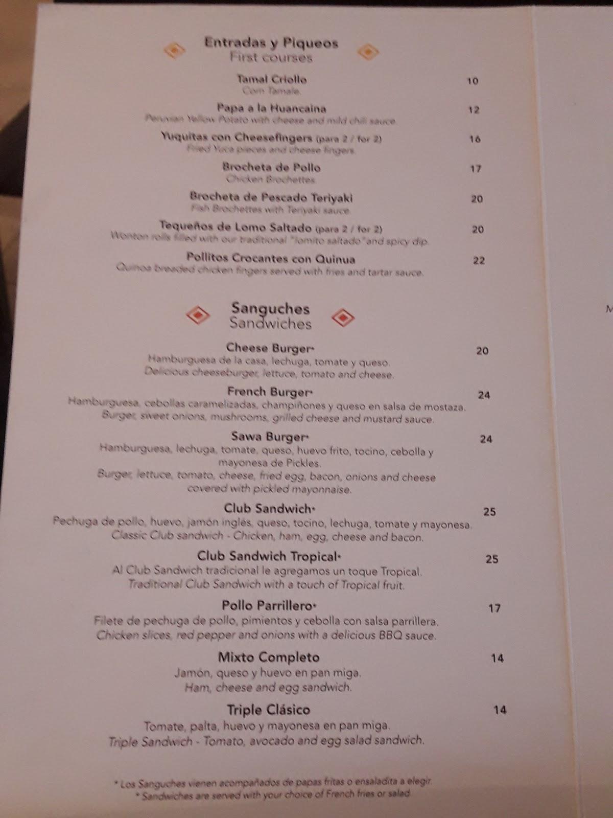 Menu at Sawa Café, Miraflores