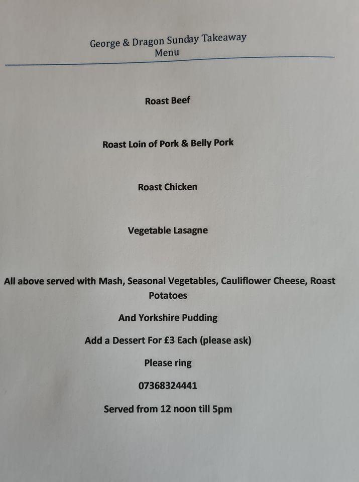 Menu at The George & Dragon pub & bar, Newton Aycliffe