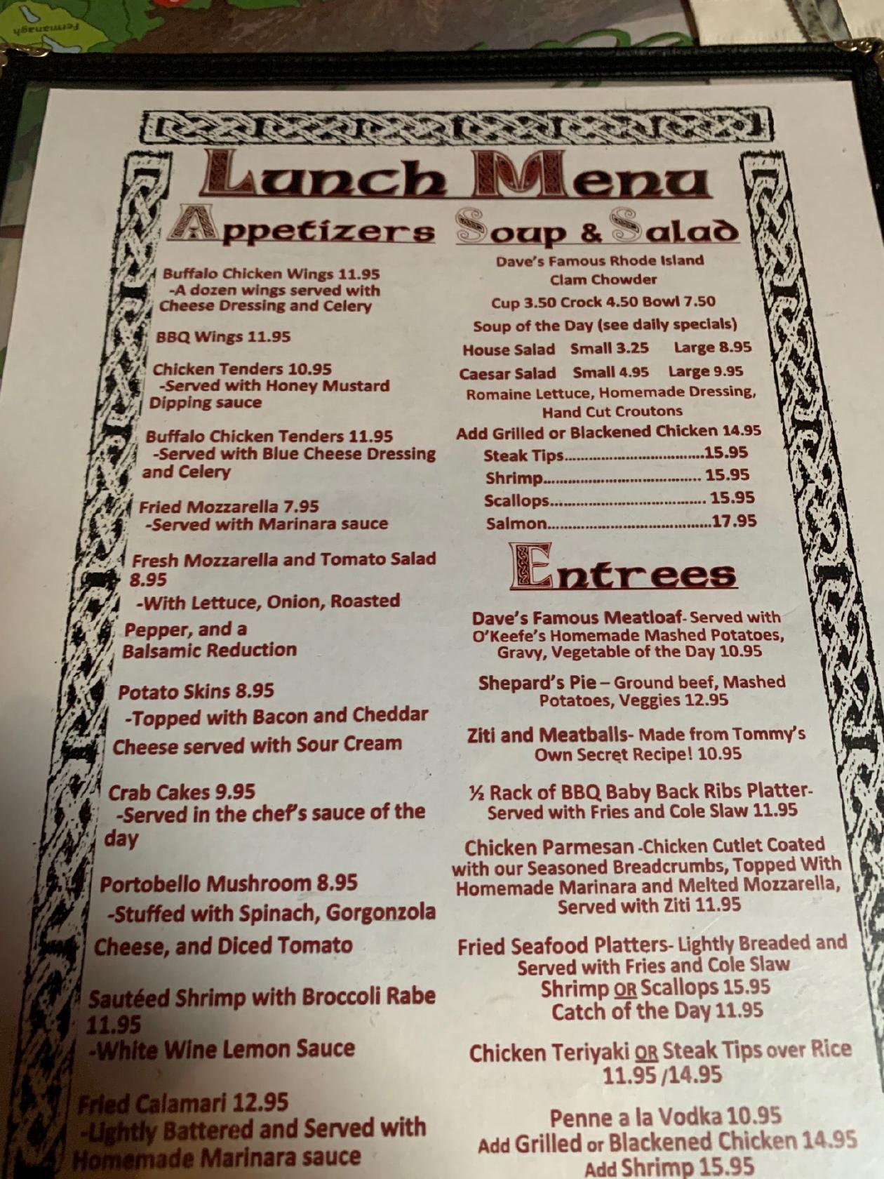 Menu at Tommy Sullivan's Cafe, Branford