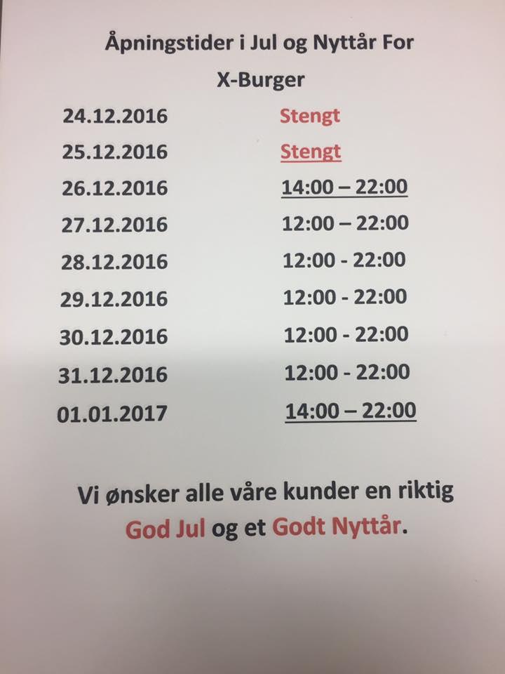Menu at X Burger restaurant, Oslo, brådalsstubben 1-3