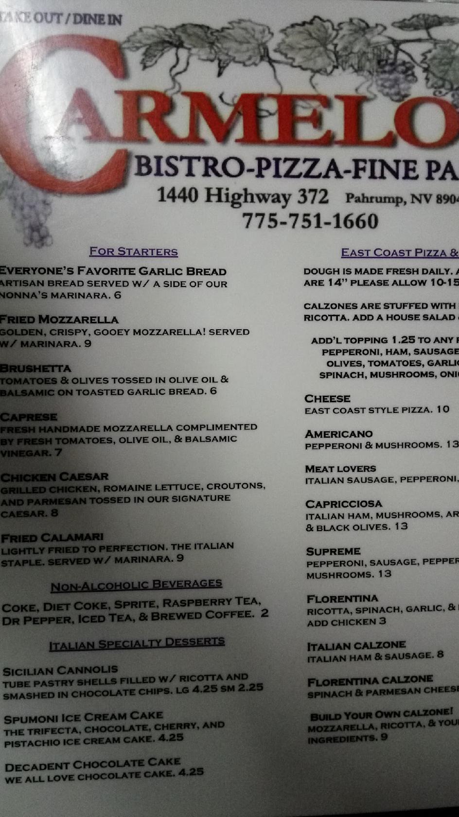 Menu at Carmelo's Bistro pizzeria, Pahrump