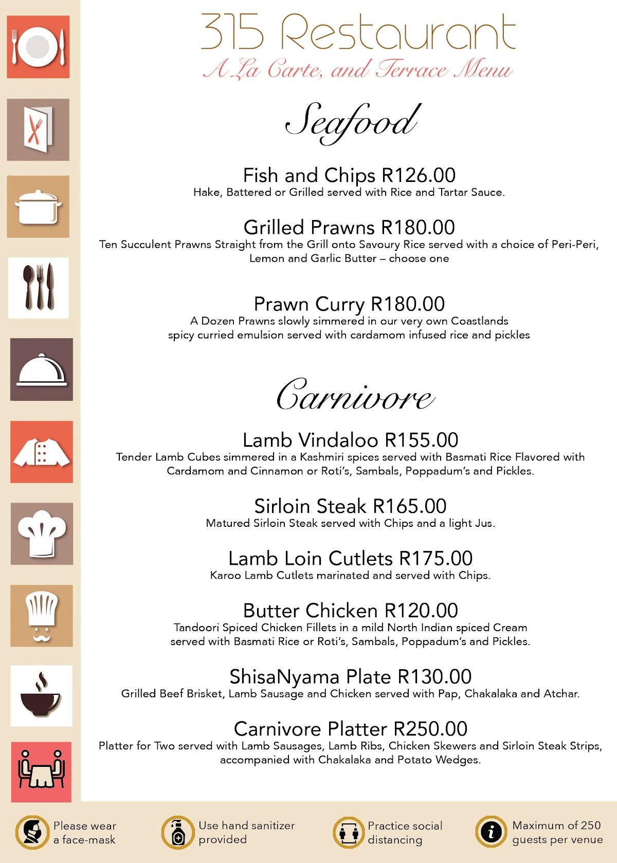 Menu at Coastlands Musgrave Hotel restaurant, Durban