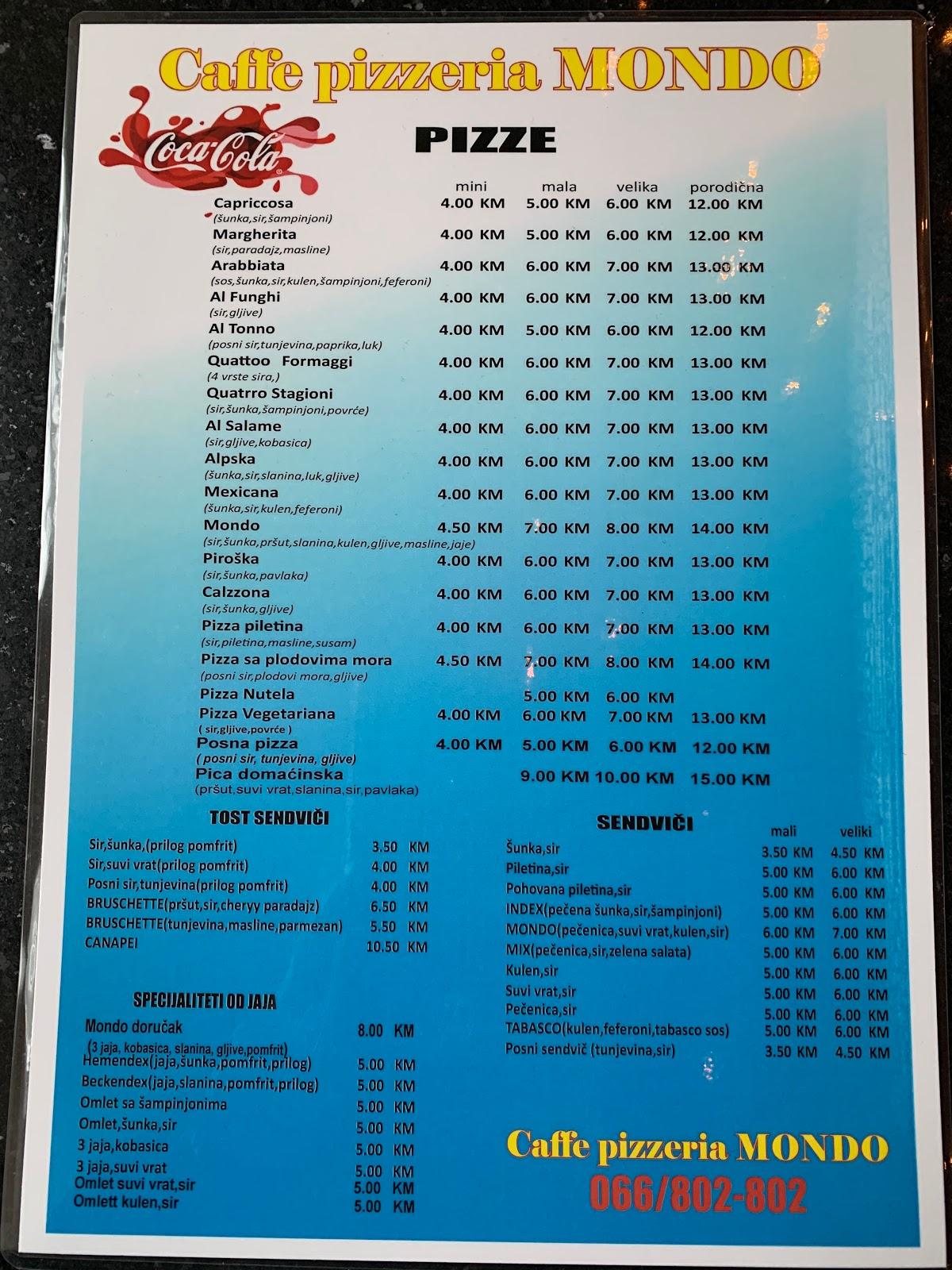 Menu at Mondo cafeteria, Bijeljina