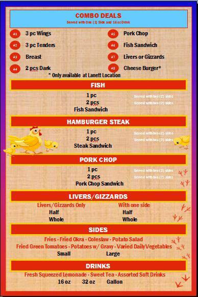 Menu at Newt's Fried Chicken restaurant, West Point