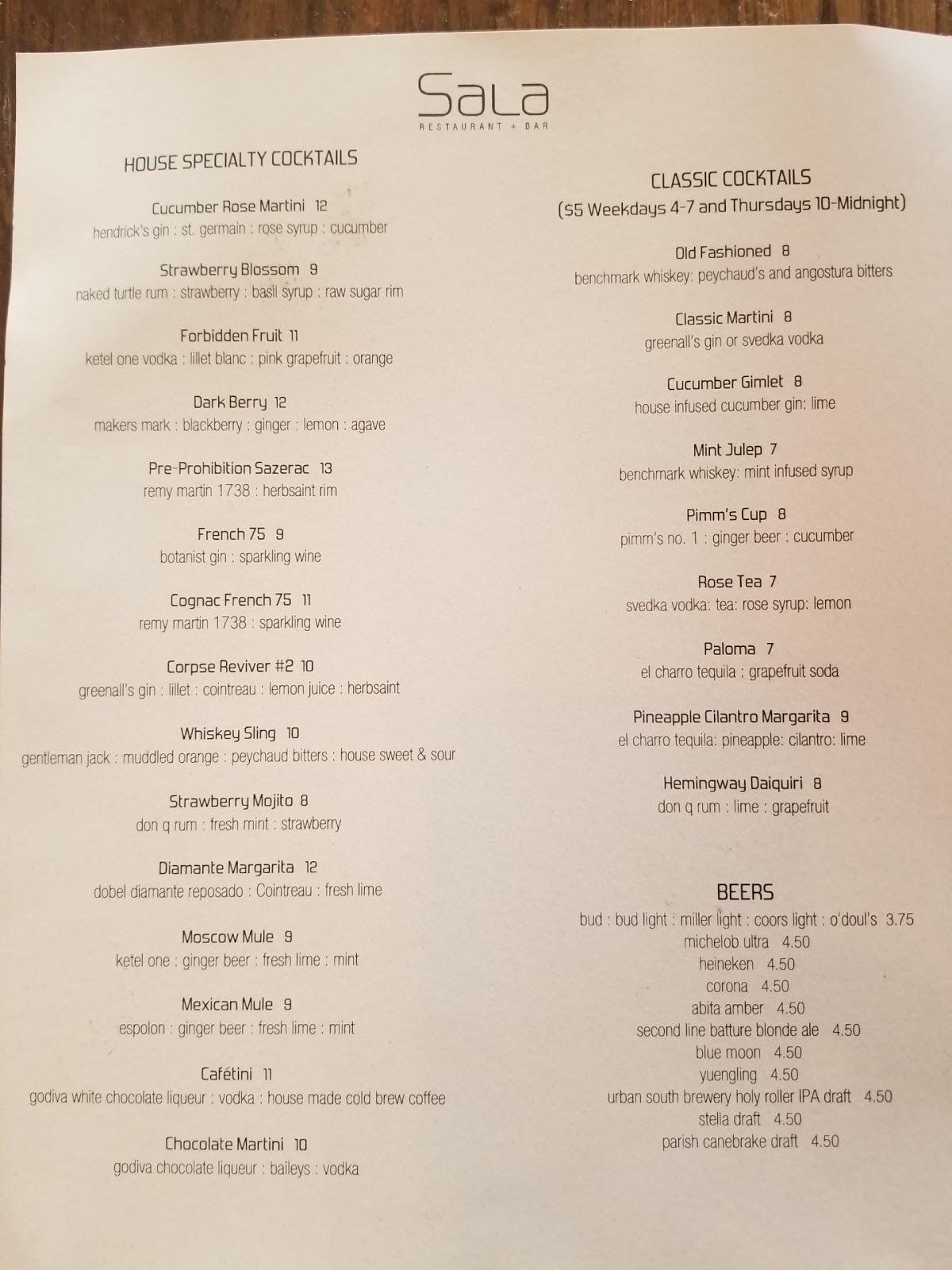 Menu at Sala Nola pub & bar, New Orleans
