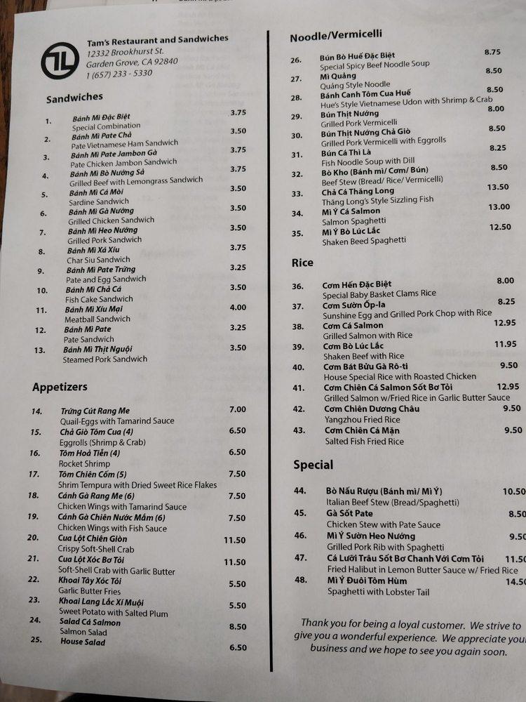 Menu at Tam's Restaurant, Garden Grove