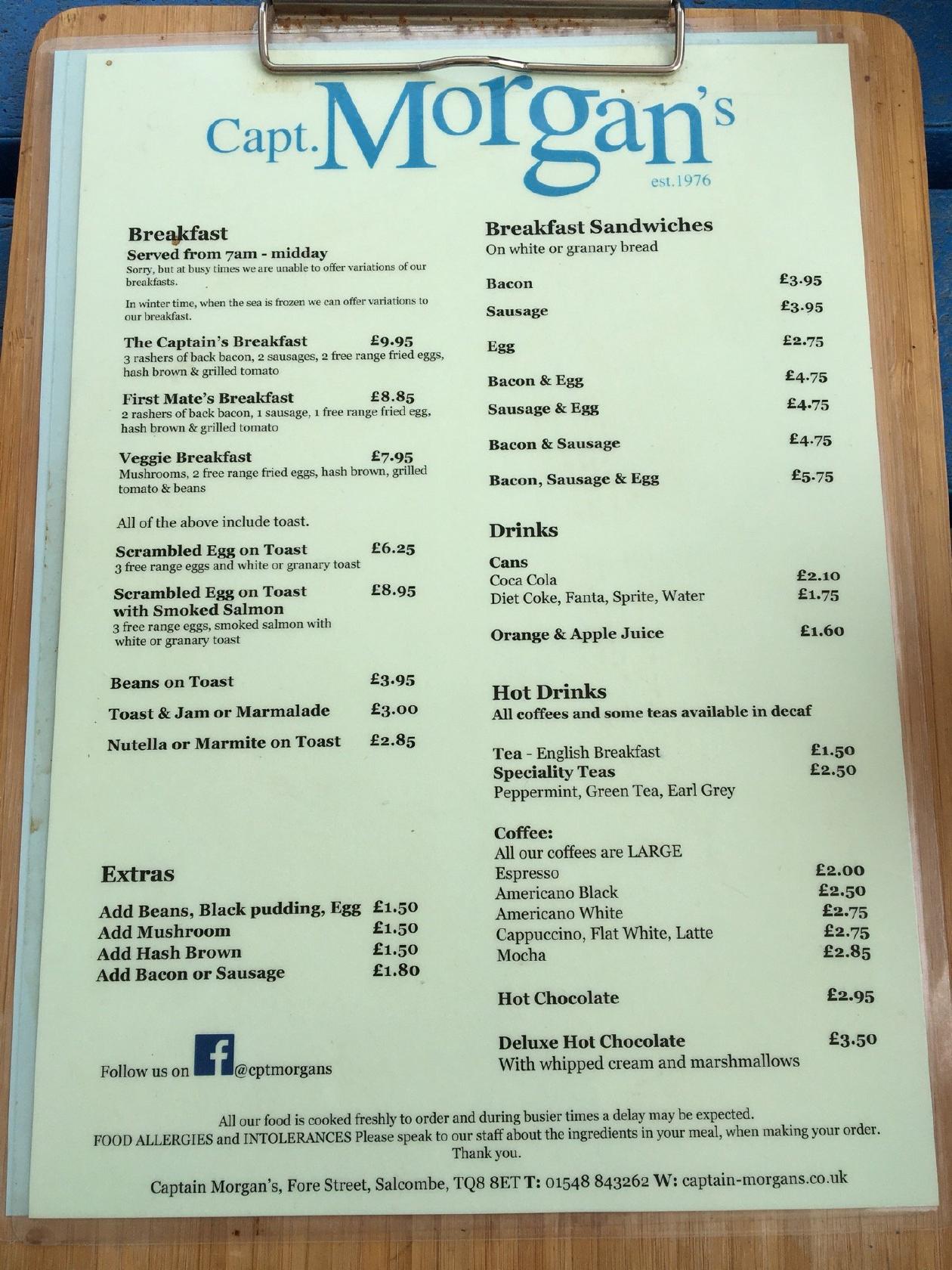 Carta del café Captain Morgan's, Salcombe