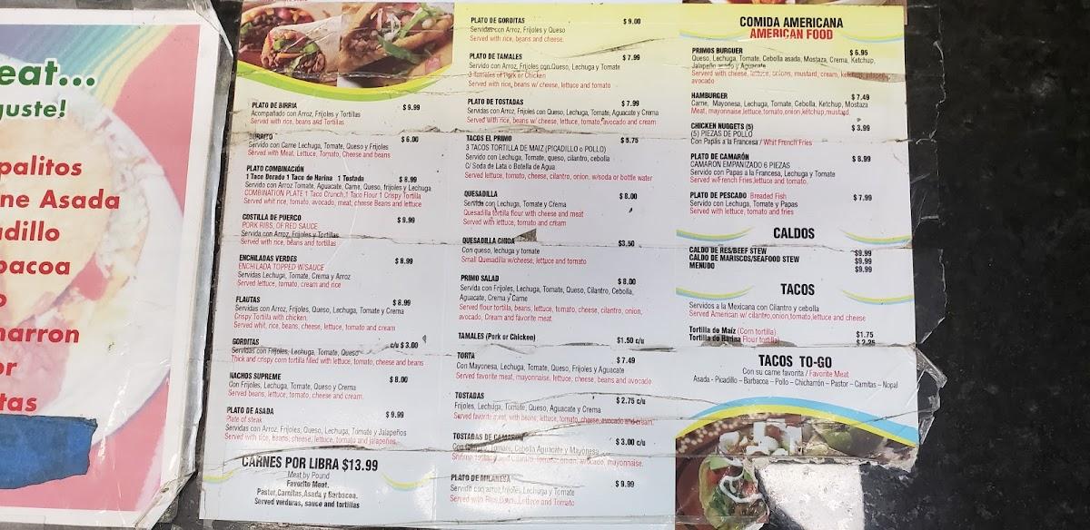 Menu at El Primo Taqueria restaurant, Bradenton