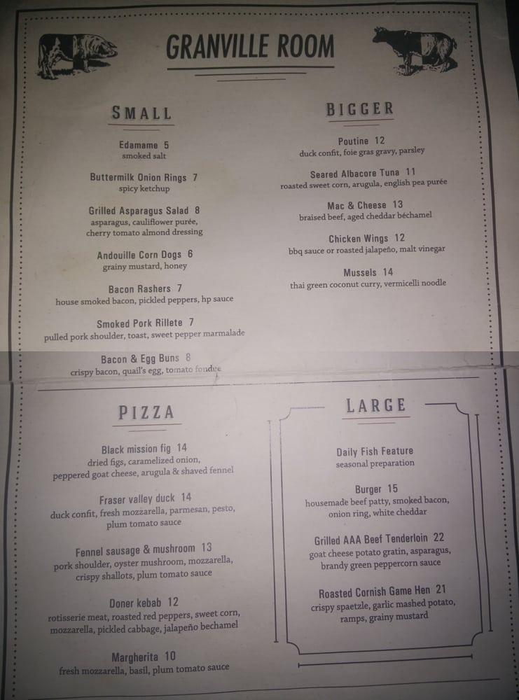 Menu at Granville Room pub & bar, Vancouver