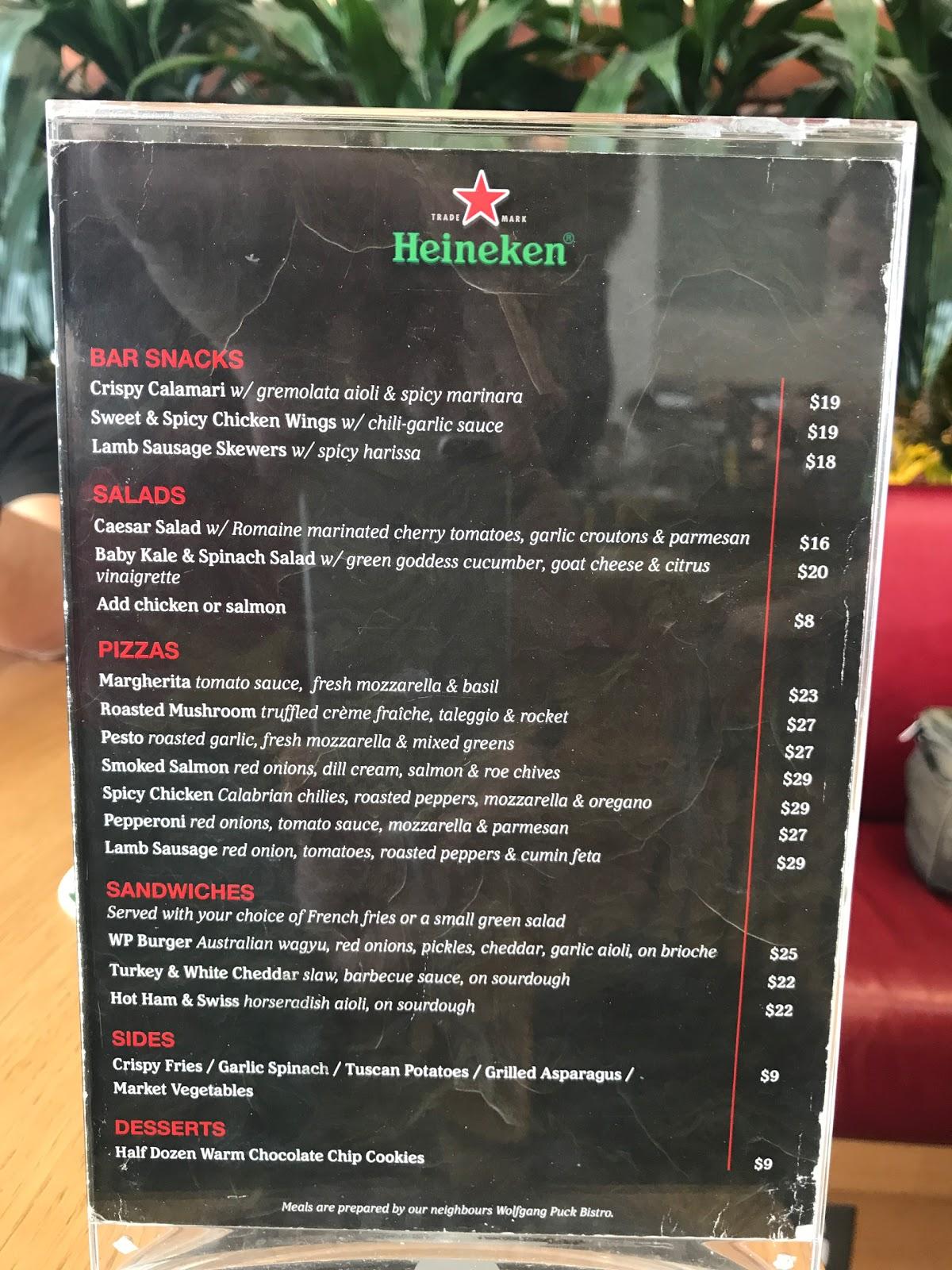 Menu at Heineken Bar, Mascot, Departure Plaza