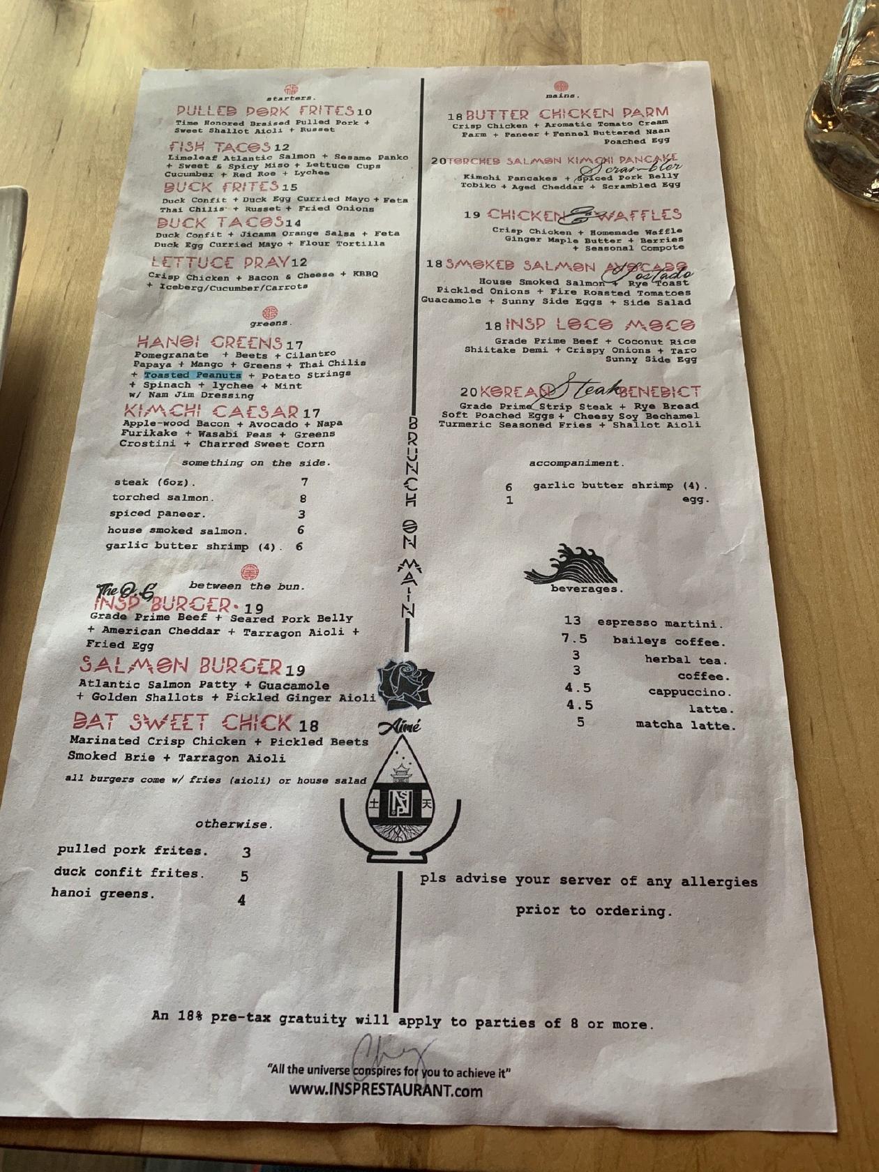 Menu at Inspire Restaurant, Markham, 144 Main Street Markham N #1