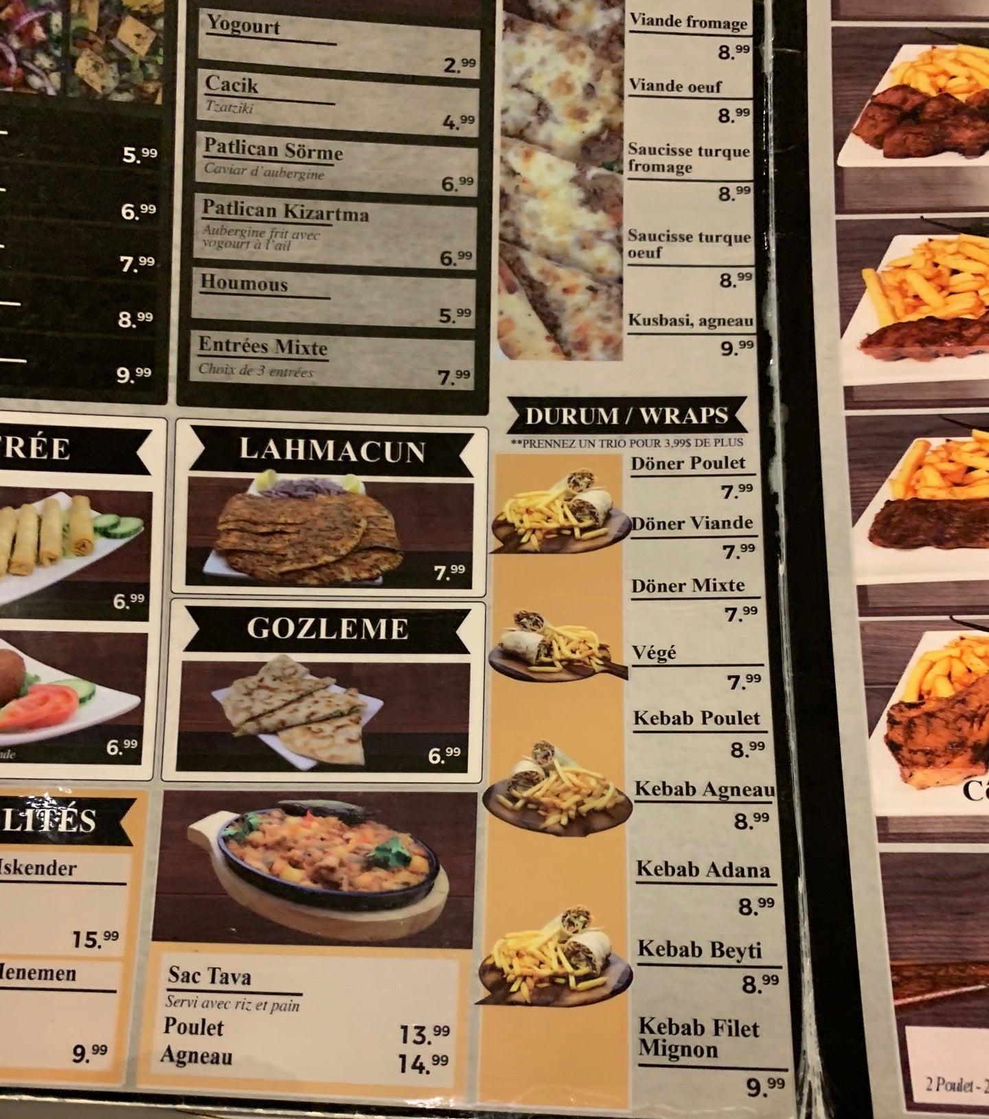 Menu at Maison Istanbul restaurant, Montréal, 6878 Rue Jean-Talon E