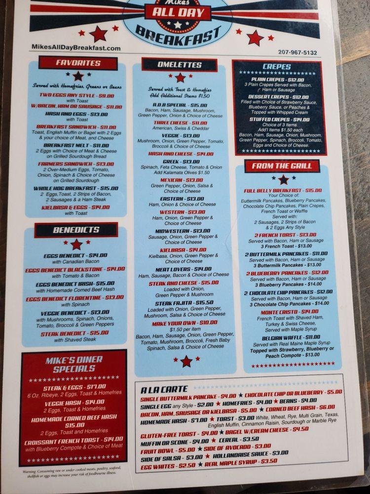 Menu at Mike's All Day Breakfast restaurant, Kennebunk, 55 Western Ave