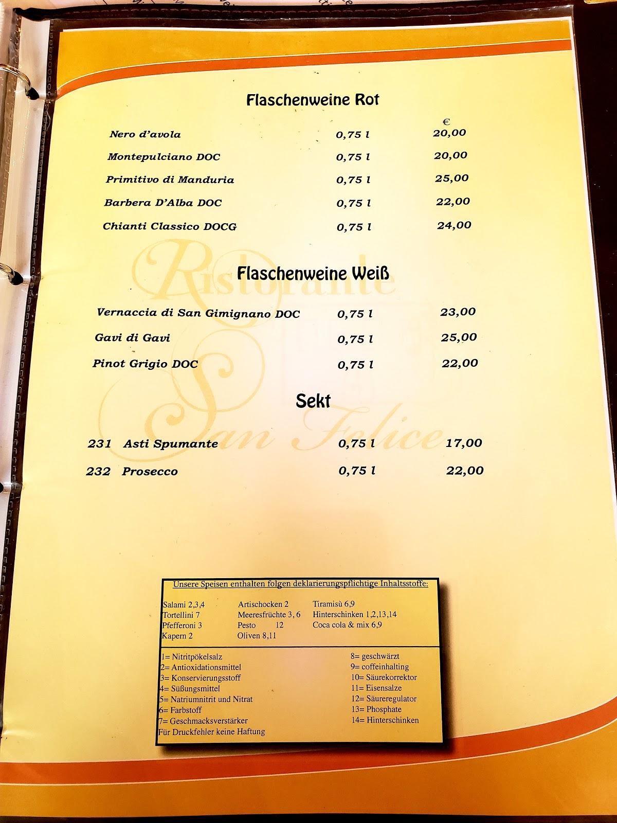 Menu at Ristorante San Felice restaurant, Stuttgart