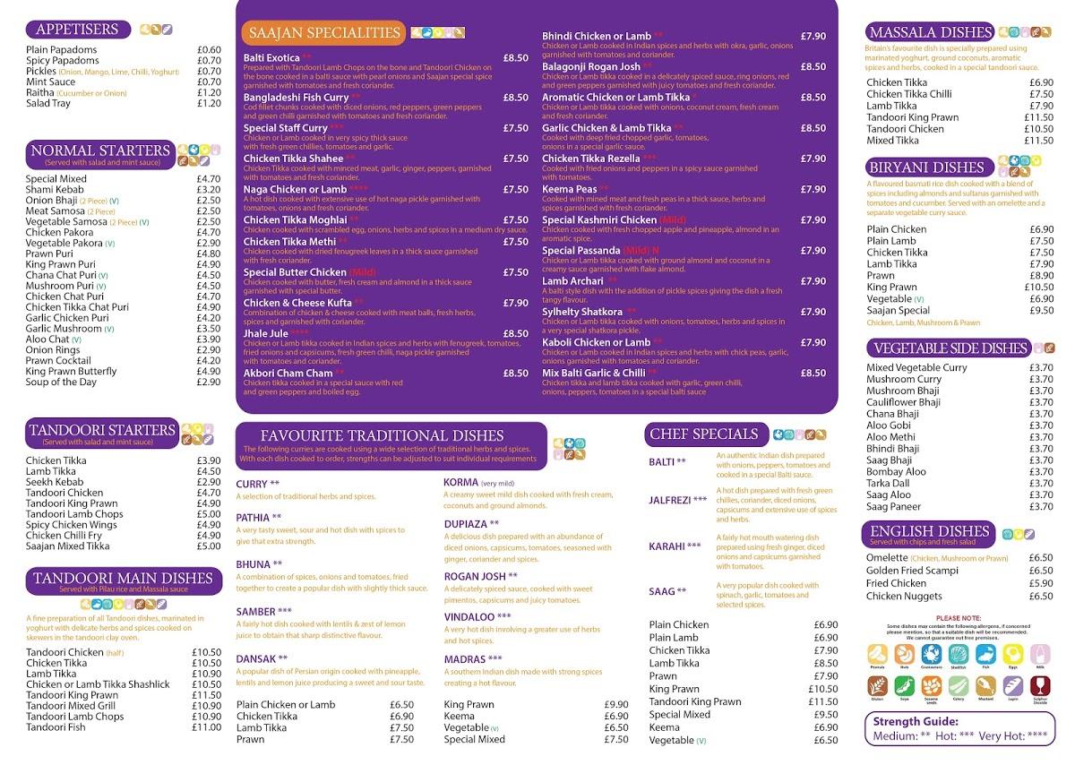Menu at Saajan Indian Takeaway restaurant, Rochdale