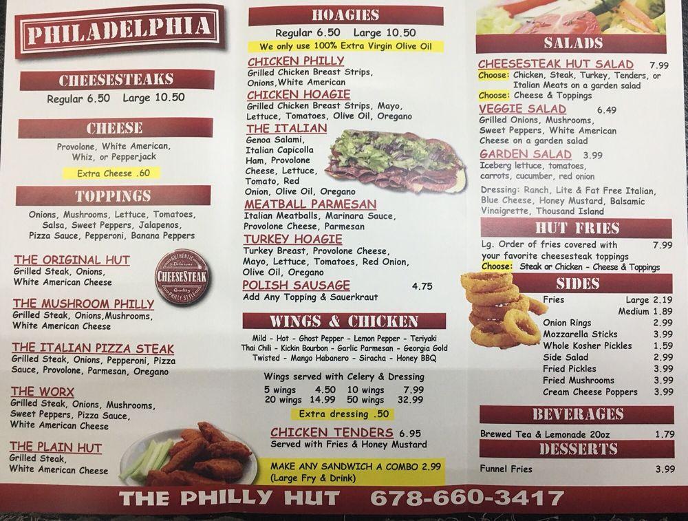 Menu at The Philly Hut restaurant, USA