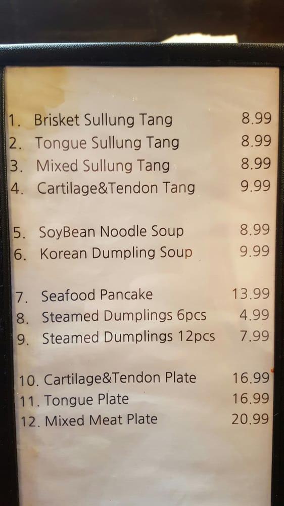 Menu at Traditional Korean Beef Soup restaurant, Federal Way