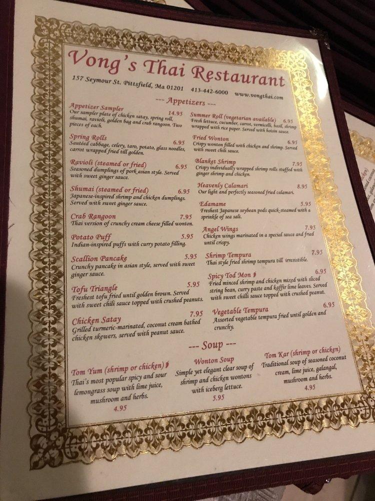 Menu at Vong's Thai Cuisine restaurant, Pittsfield