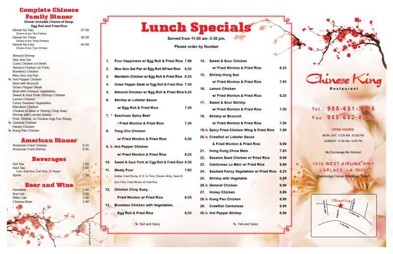 Menu at Chinese King restaurant, LaPlace