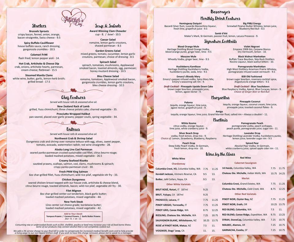 Menu at Emory's on Silver Lake steakhouse, Everett