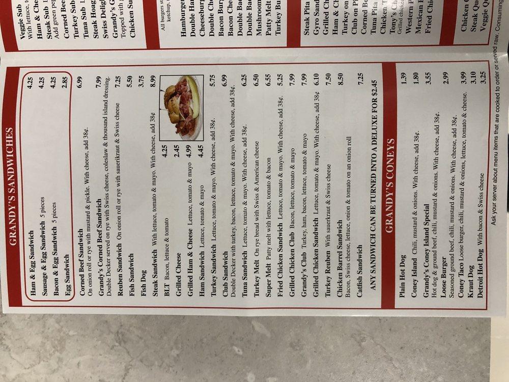 Menu at Grandy's Coney Island fast food, Detroit, Holbrook Ave