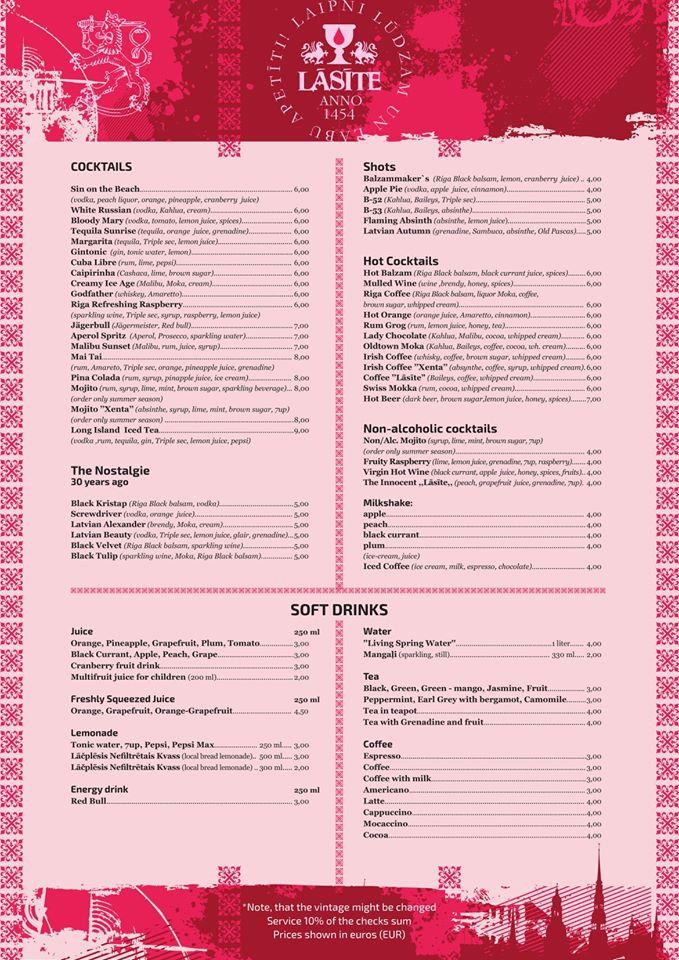 Menu at Viduslaiku restorāns LĀSĪTE restaurant, Riga
