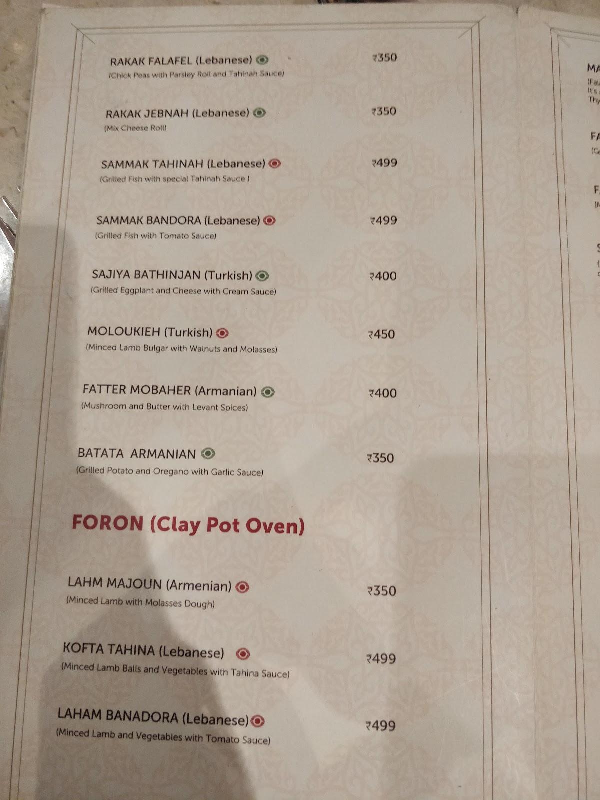 Menu at Levant Turkish Restaurant, Hyderabad