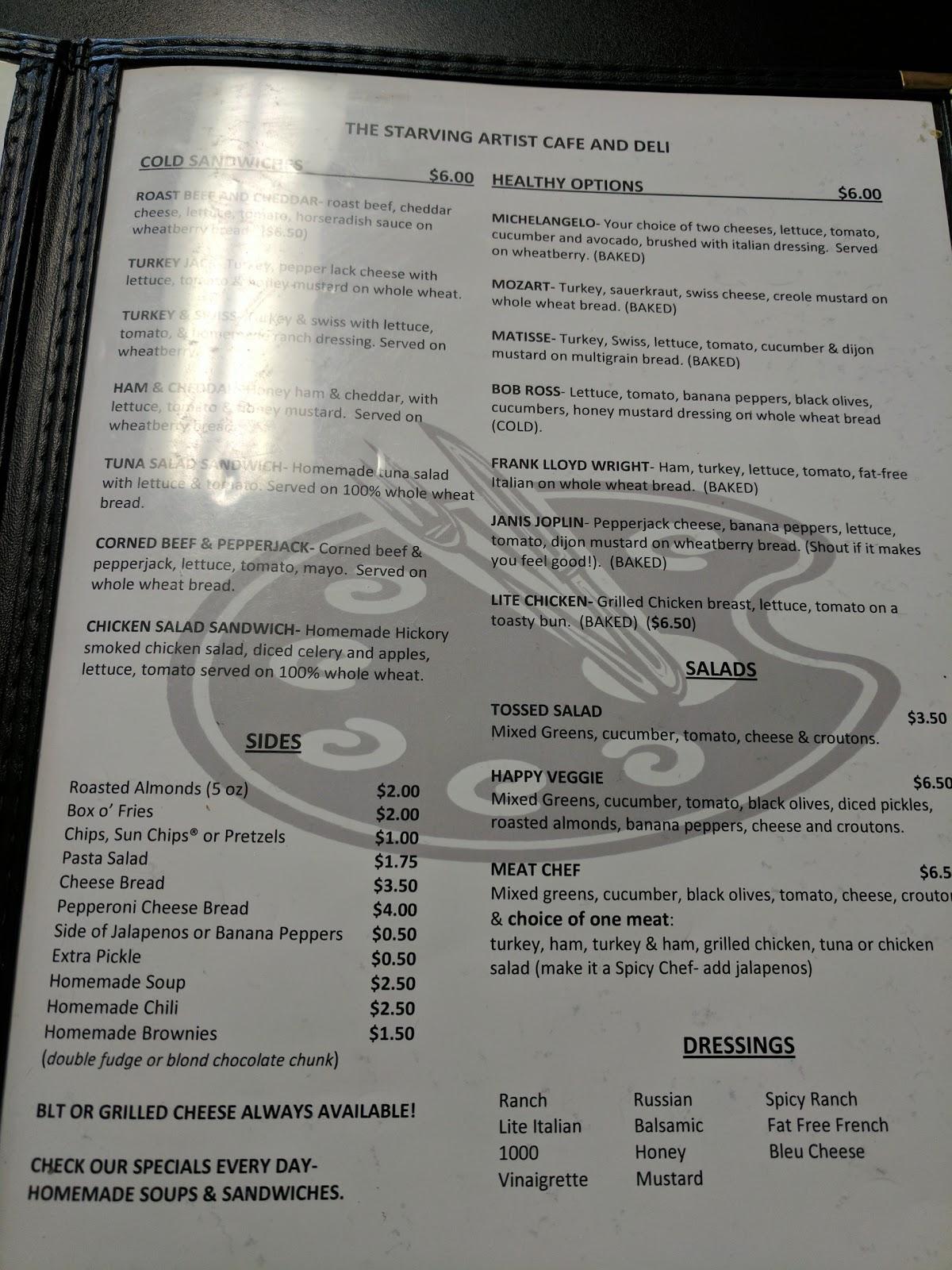 Menu at Starving Artists Cafe & Deli, Louisville