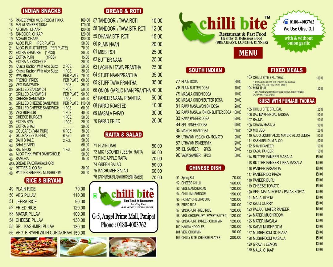 Menu at Chilli Bite, Panipat