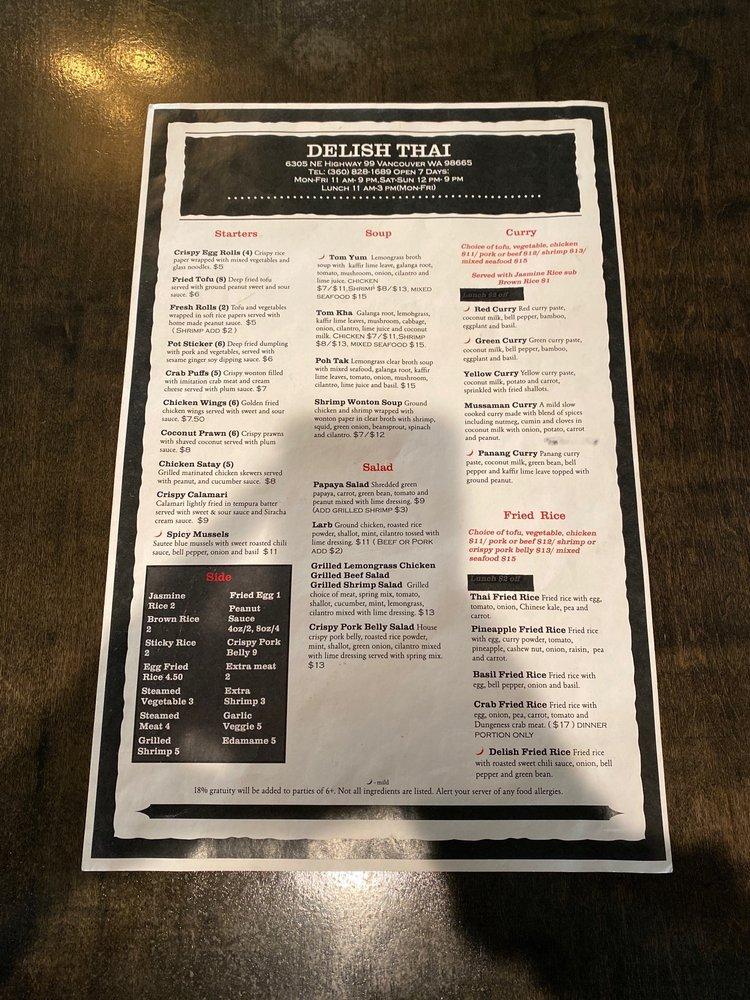 Menu at Delish Thai restaurant, Vancouver
