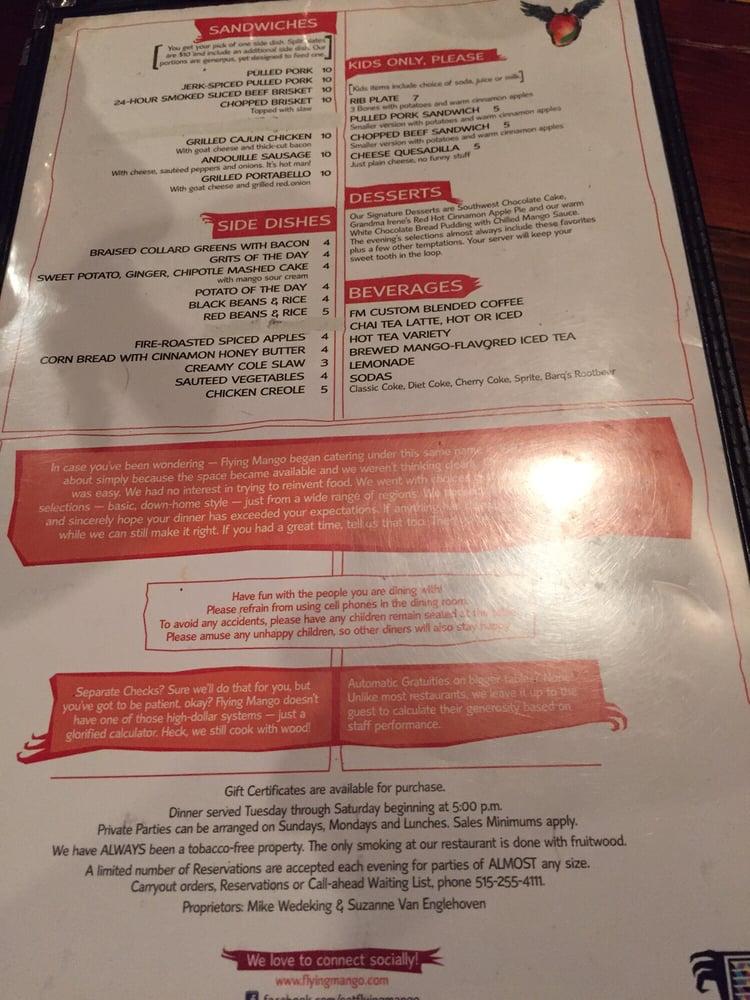 Menu at Flying Mango BBQ, Des Moines