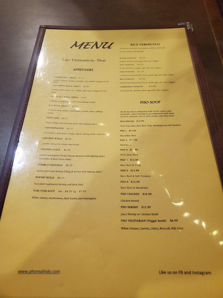 Menu at Pho Real restaurant, Carmel